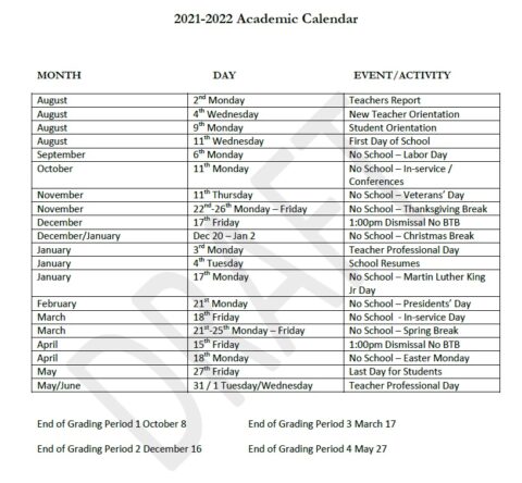 2021-2022 Academic Calendar | The Basilica School