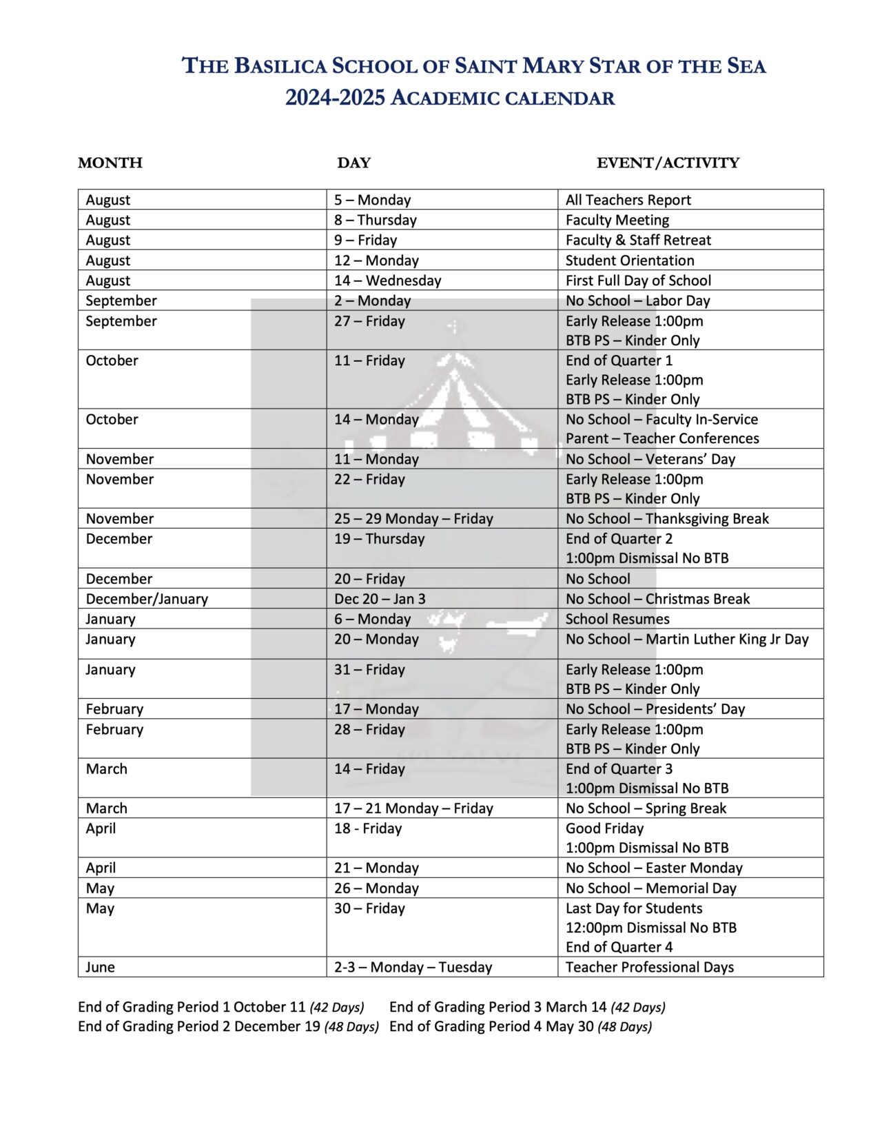 School Year Calendar | The Basilica School